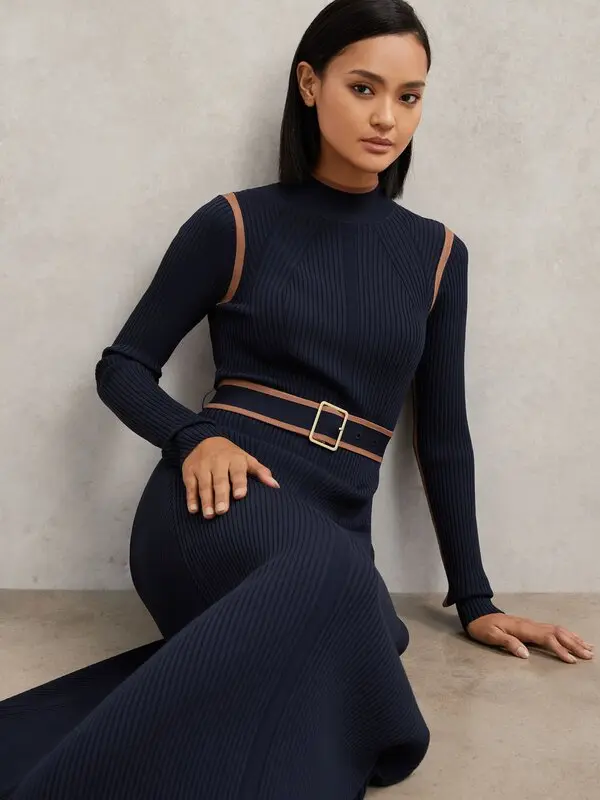 REISS Ella Colour-block Rib-knit Midi Dress