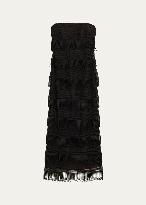 Lela Rose Strapless Tiered Macrame Lame Gown