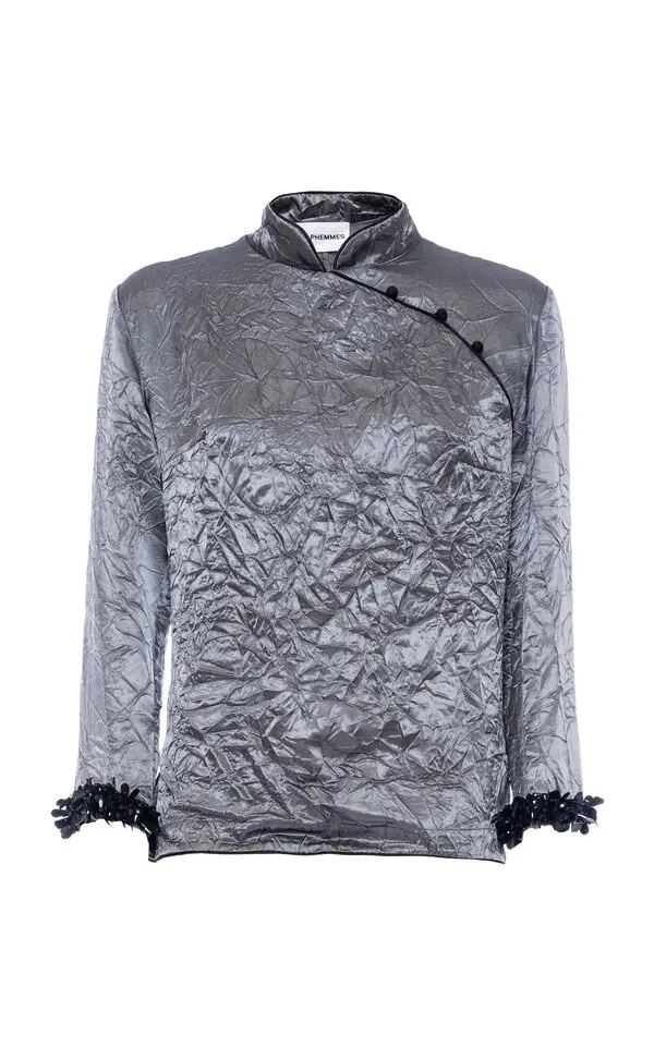 DES_PHEMMES Crinkled Qipao Top - Grey