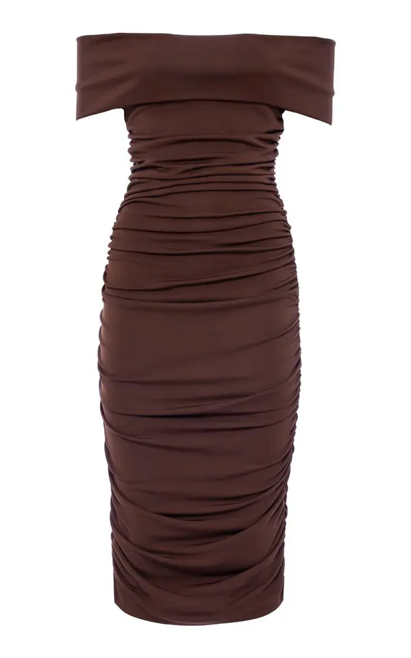 DES_PHEMMES Off-the-shoulder Ruched Midi Dress - Brown