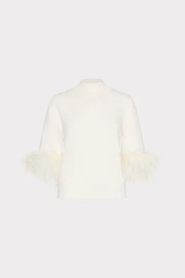 MILLY Short Sleeve Feather Mock Neck Sweater - Ecru