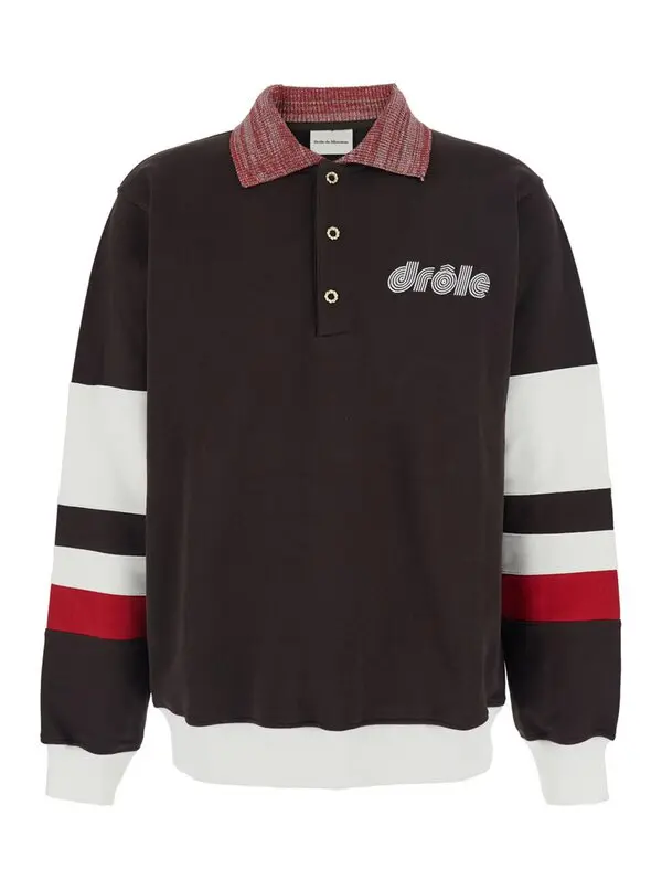 Drole De Monsieur Polo Collar Sweatshirt With Front Lettering Logo In Cotton - Brown