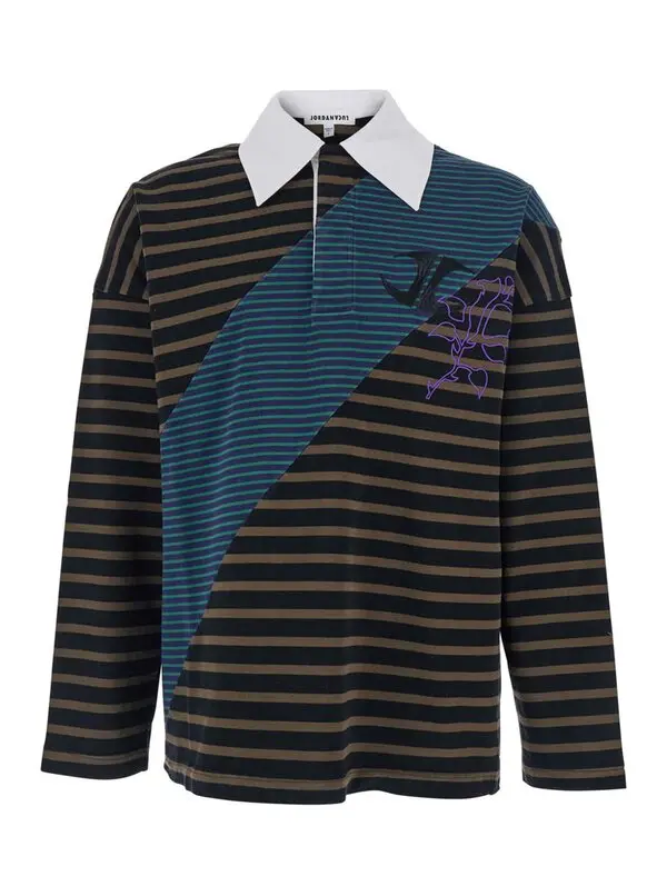 JORDANLUCA Long-sleeve Polo Shirt With Logo Embroidery On The Front And All-over Striped Motif In Cotton