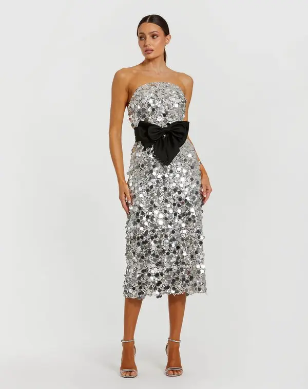 Mac Duggal Silver Strapless Paillete Column Wedding Guest Midi Dress With Bow Black Silver