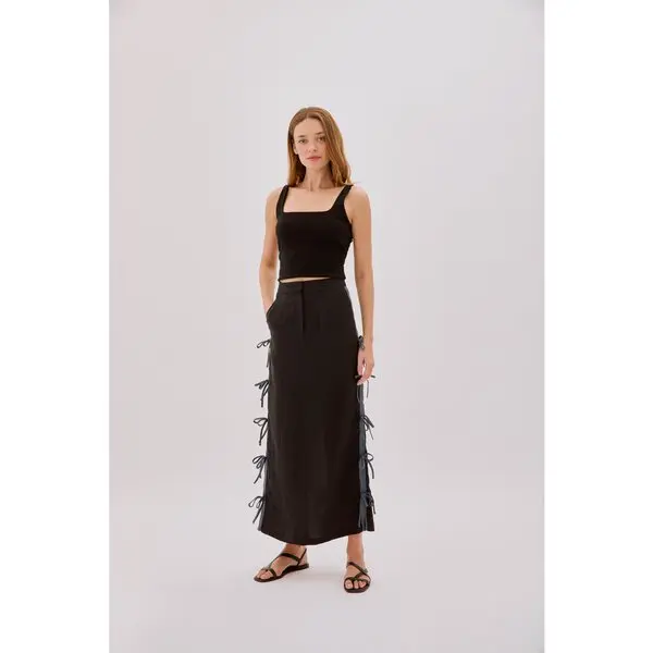 LABECA LONDON Carolina Linen Midi Skirt With Bow Detail
