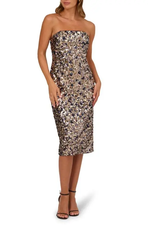 Adrianna Papell Mixed Sequin Strapless Cocktail Midi Dress
