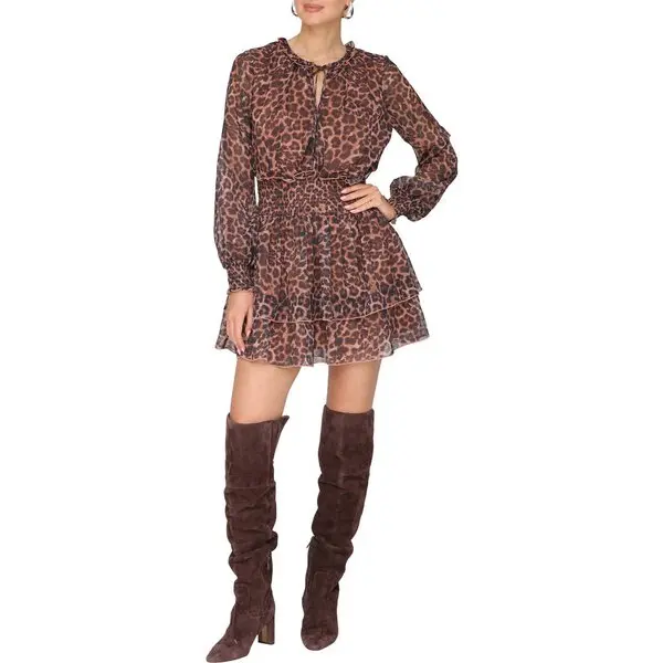 Avec Les Filles Print Ruffle Long Sleeve Minidress