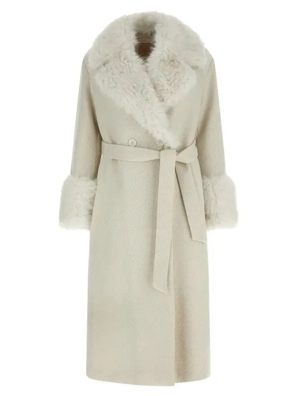Twin-set Double-breasted Lamé Thread Coat With Removable Faux Fur - White