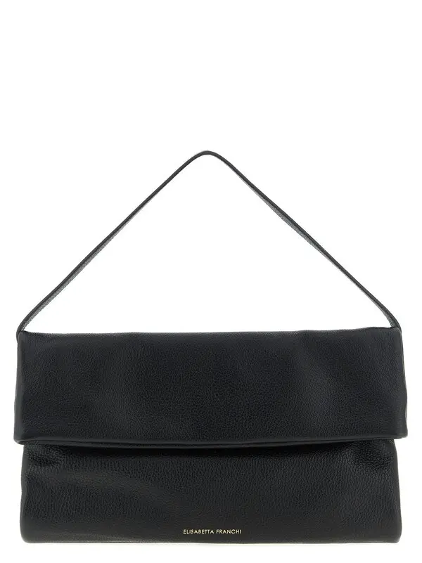 Elisabetta Franchi Embossed Logo Hammered Leather Shoulder Bag - Black