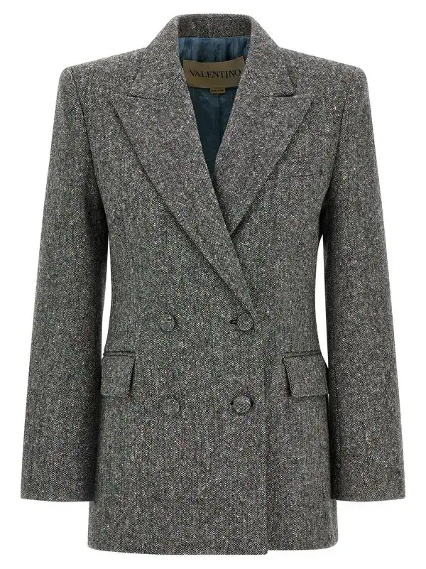 Valentino Garavani Double-Breasted Bottonato Natte Blazer In Gray - 43% ...