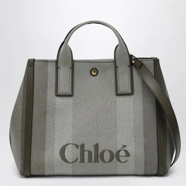 Chloé Carry Tote Bag In Dark Green Striped Canvas