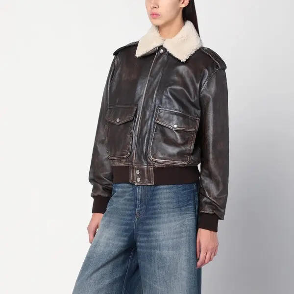 HALFBOY Leather Bomber Jacket With Shearling Collar