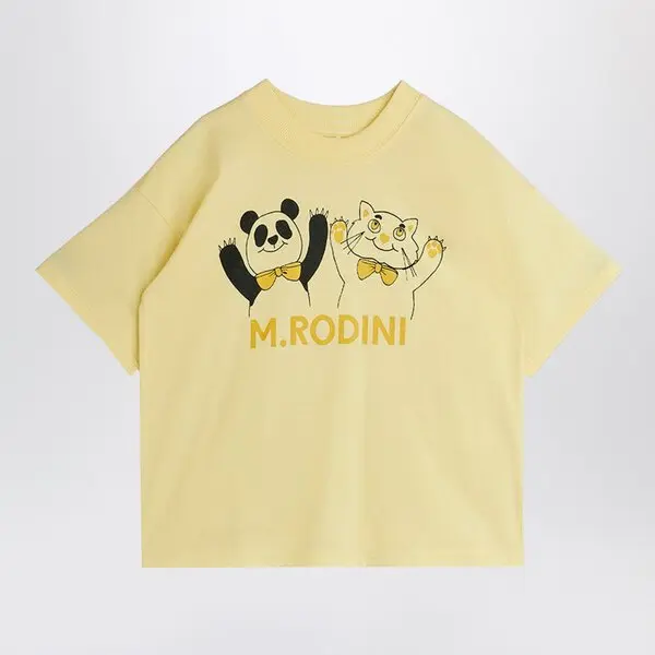 MINI RODINI Light Yellow T Shirt With Panda And Cat Print