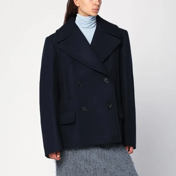 Dries Van Noten Navy Wool Blend Double Breasted Coat