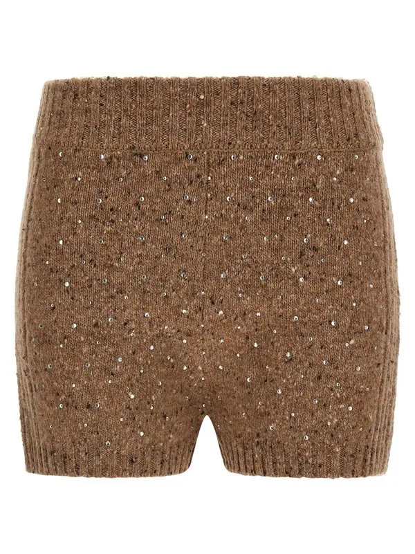 Pinko Bouclé Wool Blend Shorts With Rhinestone Appliqu - Beige
