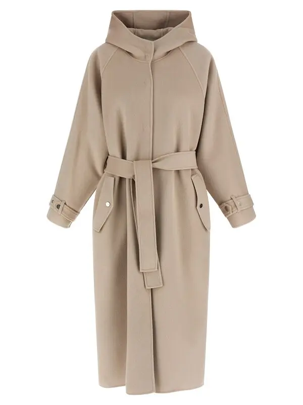 Pinko Hooded 'cartoccio' Wool Coat With Removable Belt - Beige