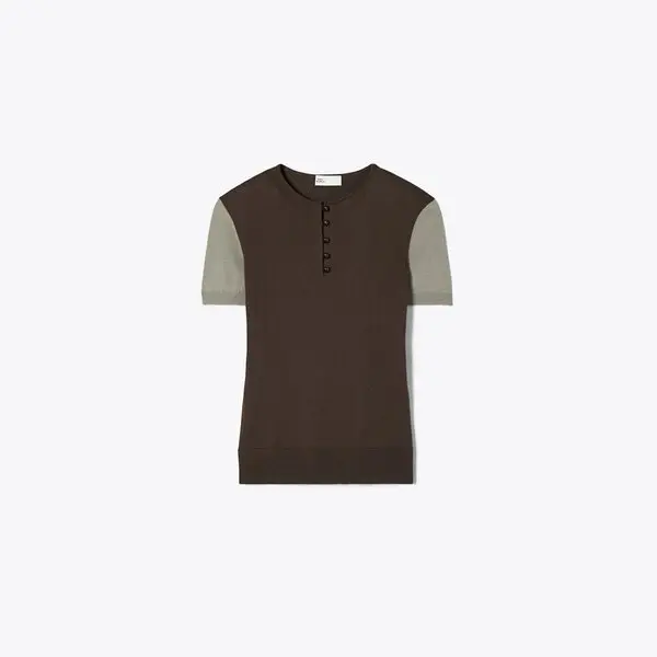 Tory Burch Wool Henley - Light Gray/dark Brown