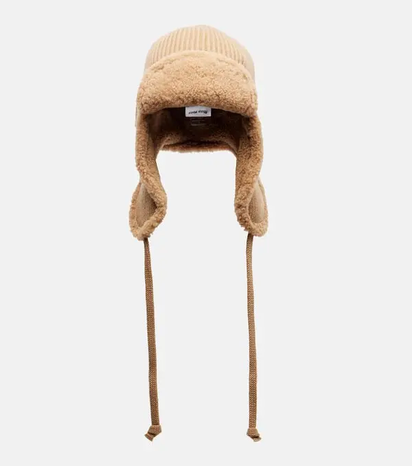 Miu Miu Logo Shearling-trimmed Wool And Cashmere Hat - Brown