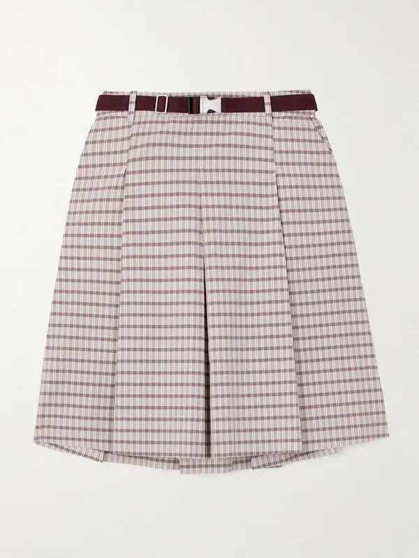 Tory Burch Belted Pleated Checked Twill Midi Skirt - Beige