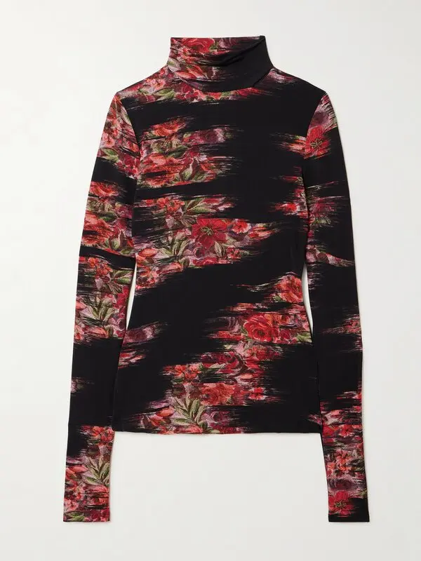 GANNI Turtleneck Floral-print Stretch-jersey Top