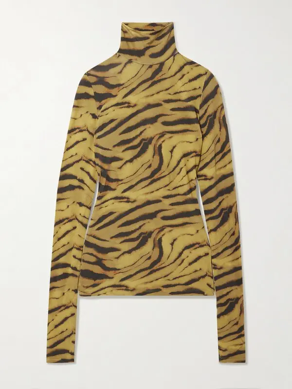 GANNI Zebra-print Stretch-jersey Turtleneck Top