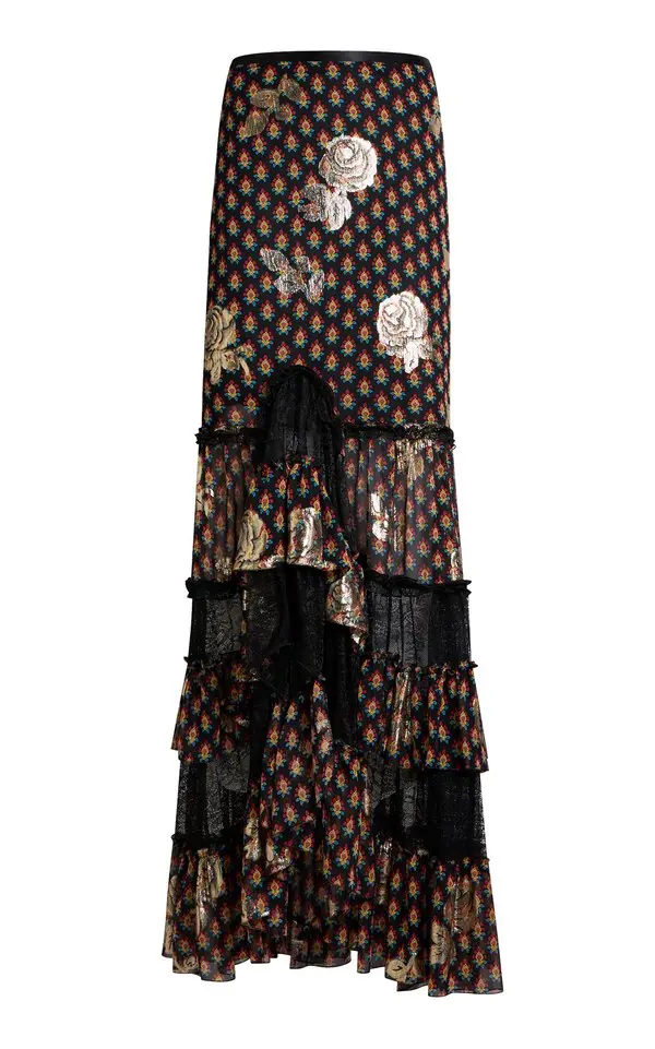 Etro Ruffled Metallic Silk Maxi Skirt