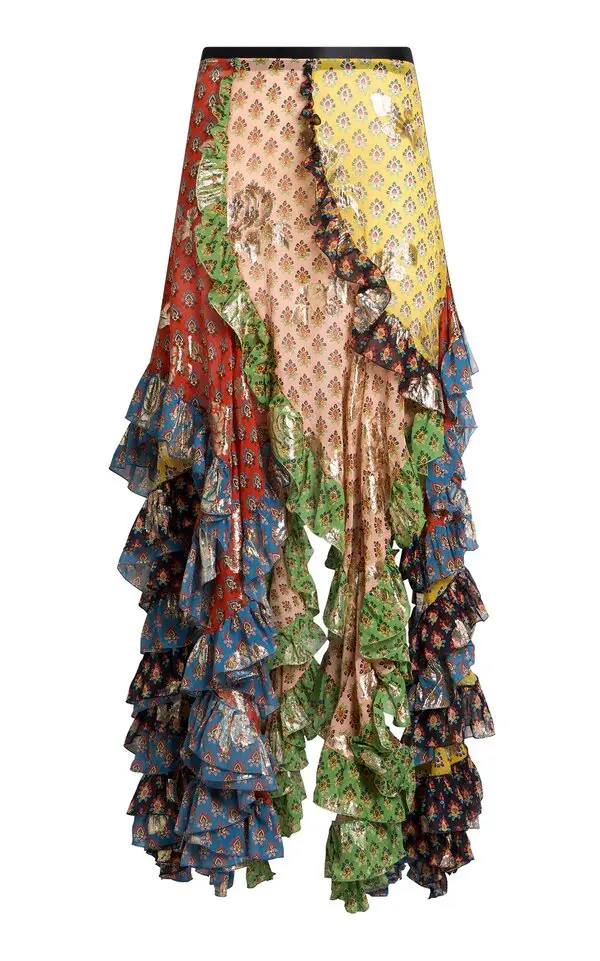 Etro Metallic Silk Ruffled Midi Skirt