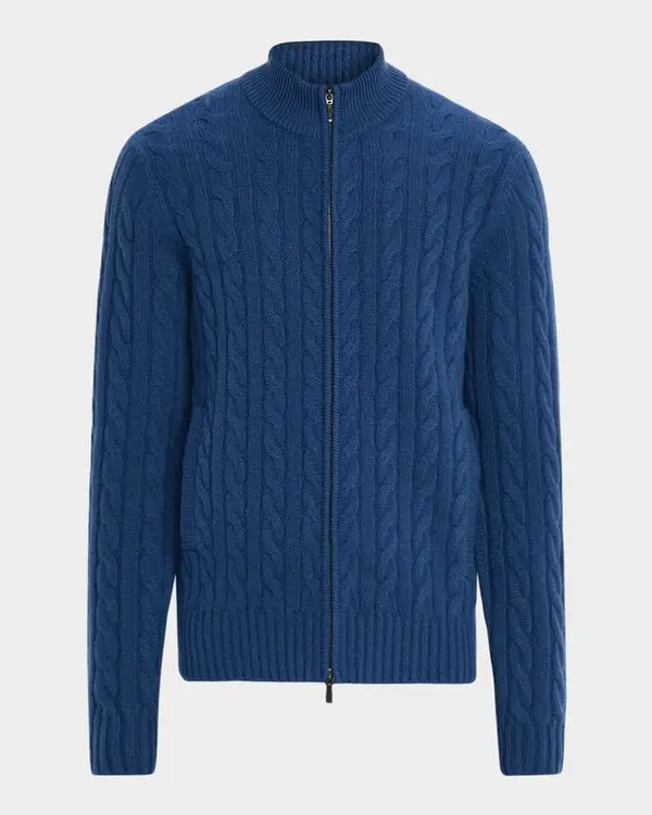 Neiman Marcus Cashmere Cable Knit Full-zip Sweater With Pockets