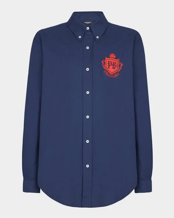 Balmain Oxford Cotton College Emblem Button-down Shirt