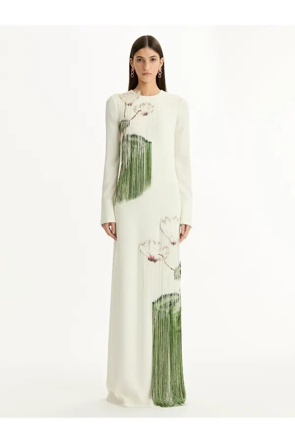 Oscar De La Renta Cyclamen Threadwork Fringe Caftan