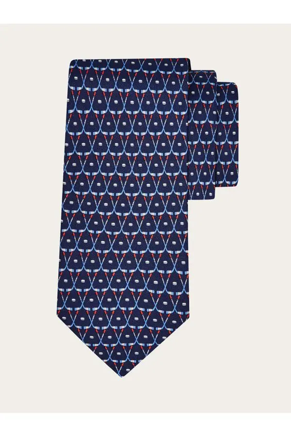 FERRAGAMO Hockey Print Silk Neck Tie - Navy