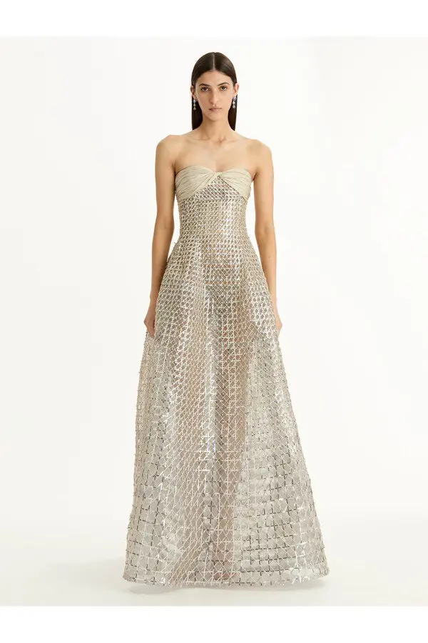Oscar De La Renta Sequin &amp Bugle Bead Lattice Gown