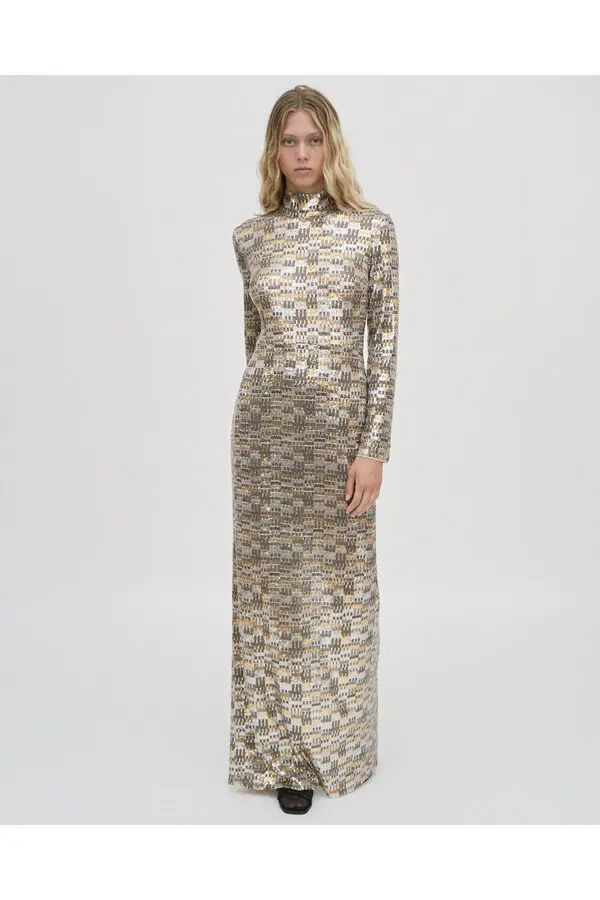 Rosetta Getty Fitted Turtleneck Maxi Dress Bauhaus Mesh Sequin