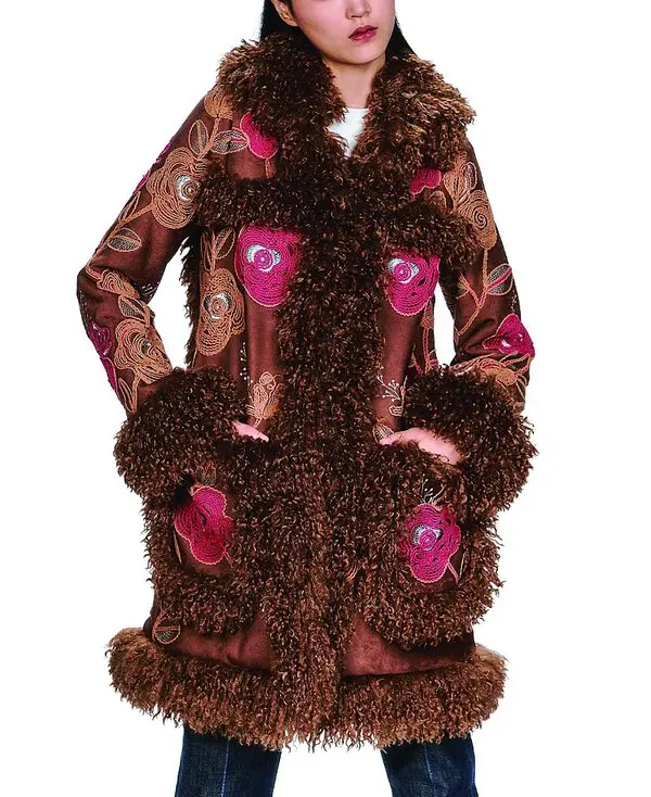 Anna Sui Poiret Faux Fur Trim Coat