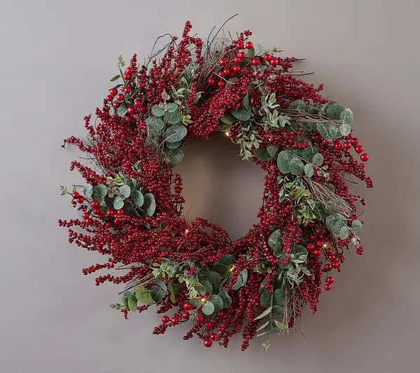 VALERIE PARR HILL As Is 24' Illuminated Berry And Eucalyptus Wreath- Valerie