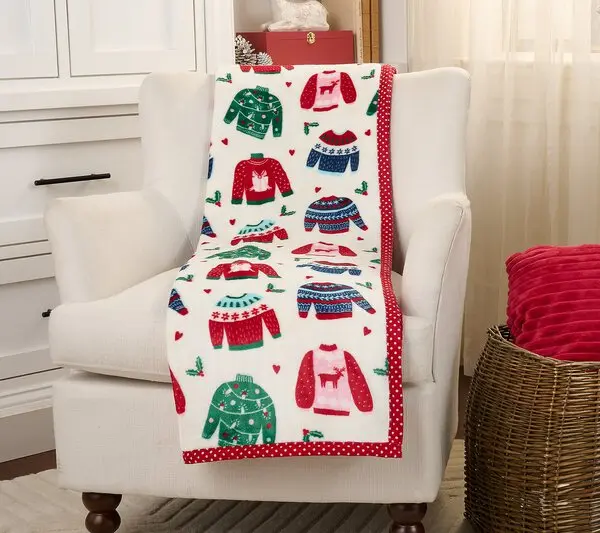 KRINGLE EXPRESS Oversized 60x80 Holiday Printed Throw W/ Trim