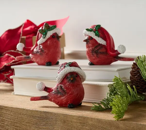 VALERIE PARR HILL As Is Set-3 Resin Cardinal Figures W/ Santa Hat Valerie