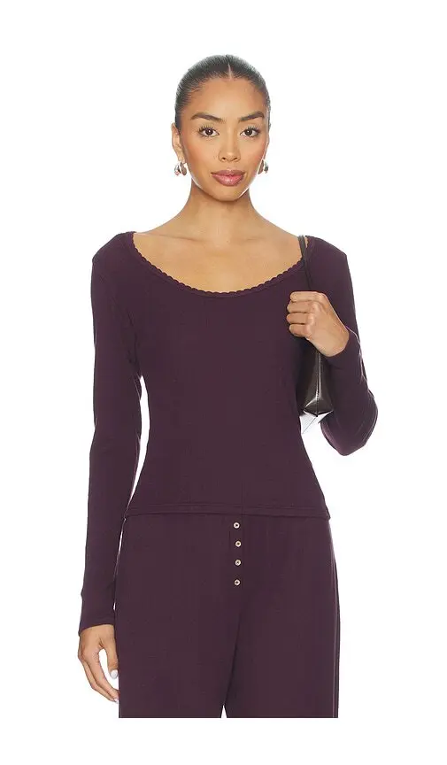 LESET Pointelle Long Sleeve Scoop Neck In Red