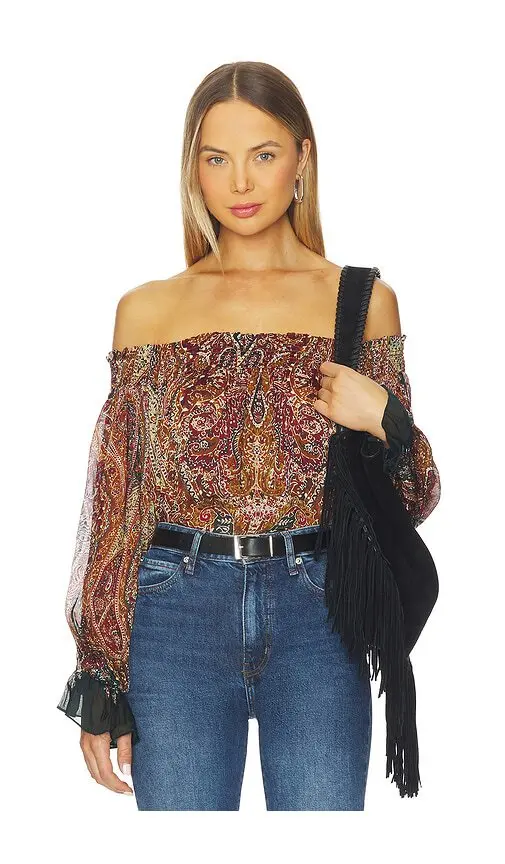 Hemant & Nandita Smocked Detailed Off Shoudler Top In Brown - Green Multi
