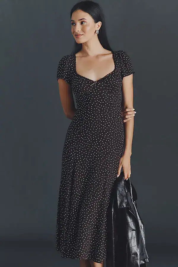 Reformation Afton Short-Sleeve A-Line Midi Dress In Colette Dot - 40% Off |  Editorialist