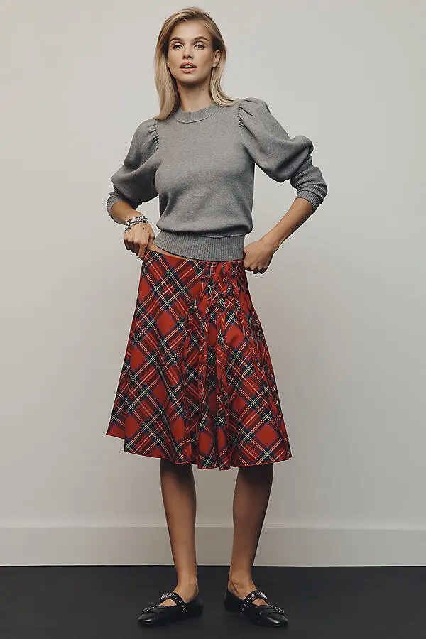 Maeve Seamed Plaid A-le Midi Skirt
