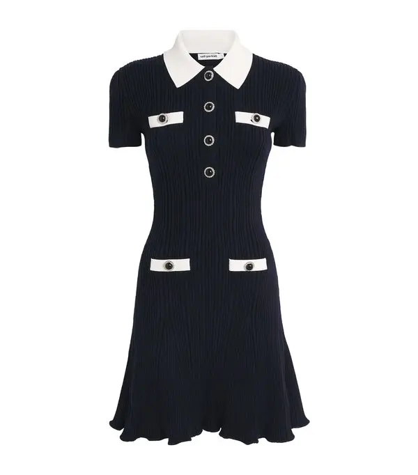 SELF-PORTRAIT Rib-knit Mini Dress With Contrast Trim - Navy