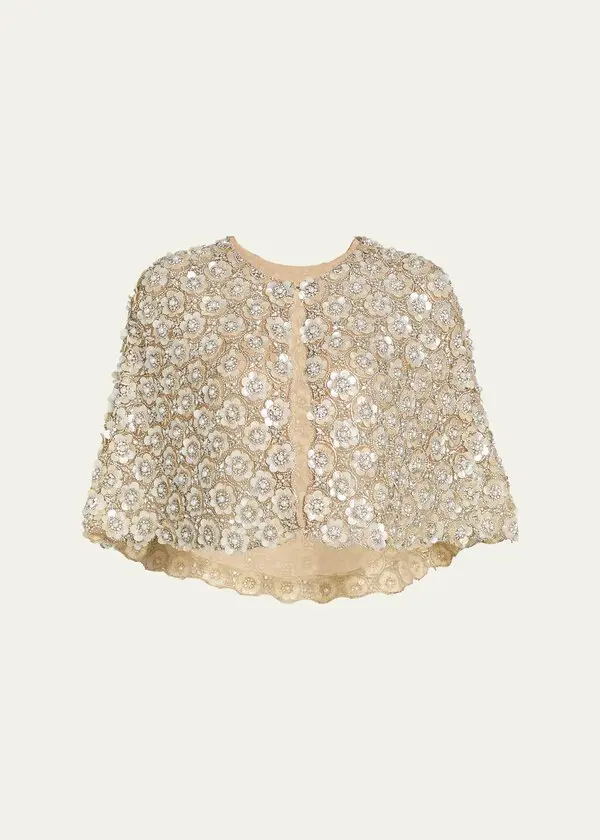 Oscar De La Renta Pearly Embroidered Short Cape Jacket