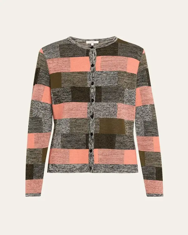 Lafayette 148 New York Colorblock Marled Check Jacquard Knit Cardigan - Altrosa Pi