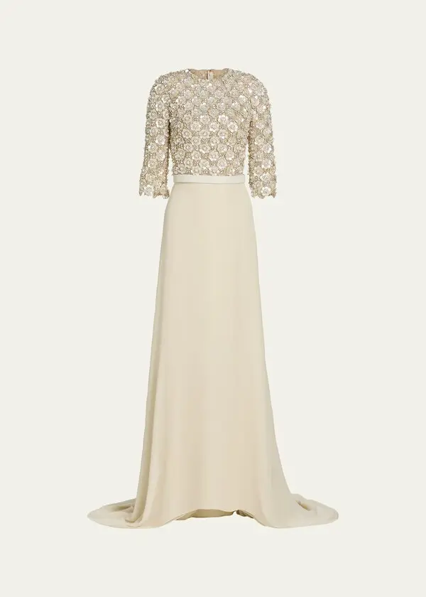 Oscar De La Renta Pearly Embroidered 3/4-sleeve A-line Gown