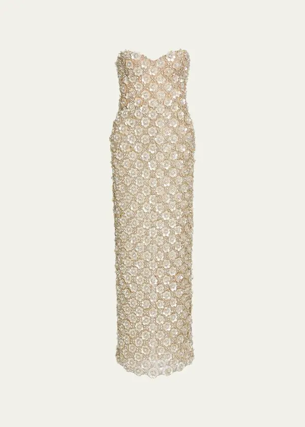 Oscar De La Renta Sweetheart Strapless Pearly Embroidered Column Gown