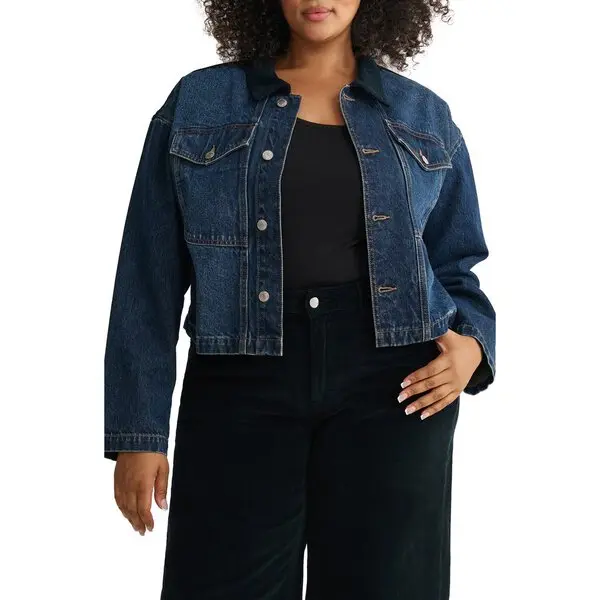 Warp + Weft Avl Crop Denim Jacket With Corduroy Collar