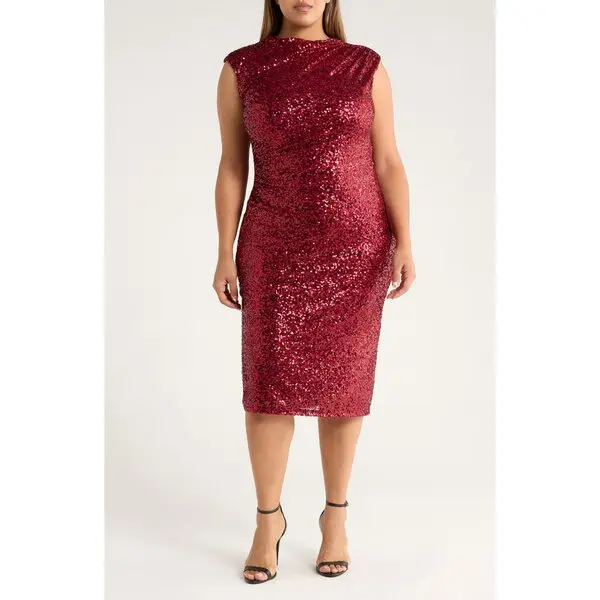 Anne Klein Sequin Drape Midi Dress - Titian Red
