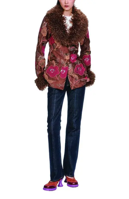 Anna Sui Poiret Rose Embroidered Faux Suede Jacket With Faux Fur Trim