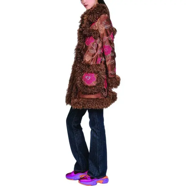 Anna Sui Poiret Rose Embroidered Faux Suede Faux Fur Trim Coat
